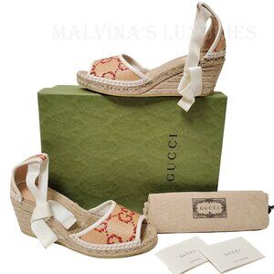 Gucci | Shoes | Gucci Shoes Raffia Wedge Espadrilles Wrap Around G Logo ...